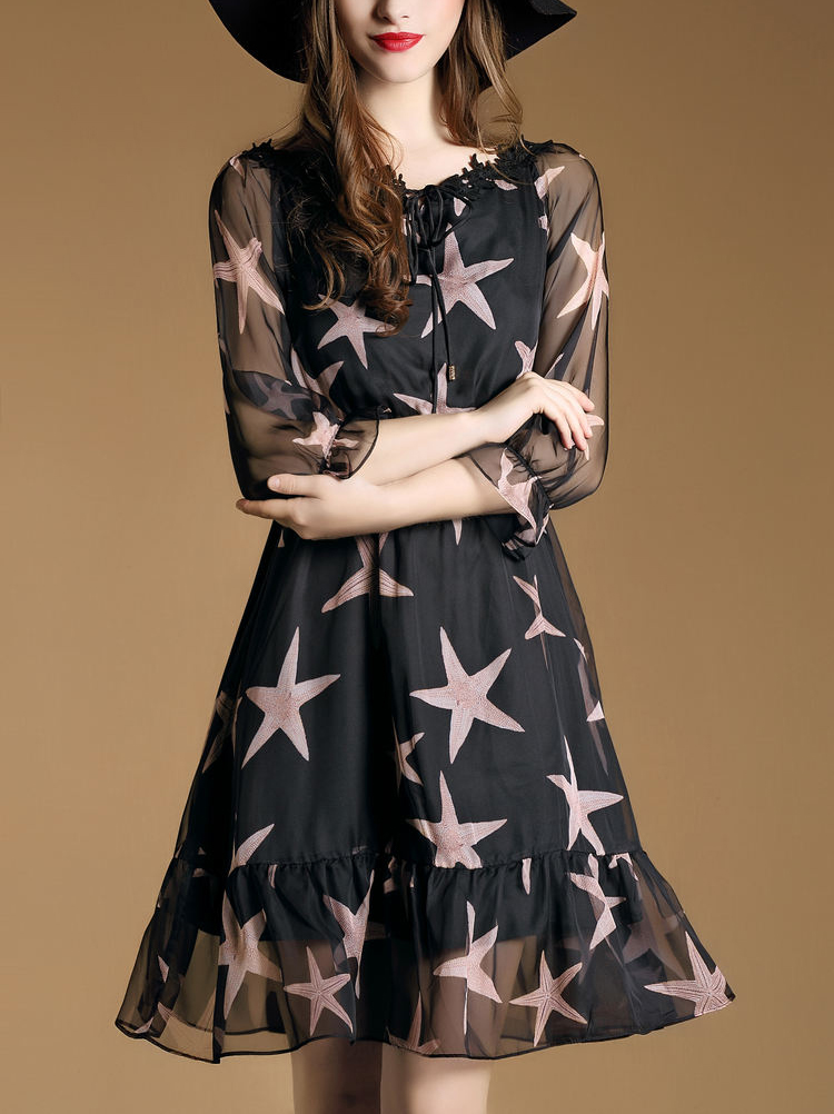 A Printed Words Brought With 7 Minutes Of Sleeve A-line Dress on Luulla